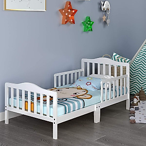 Costzon Toddler Bed, Classic Wood Kids Bed Frame w/Double Safety Guardrail, Low to Floor Design, Wooden Slat Support, Fits Full Size Crib Mattress, Bedroom Furniture for Boys & Girls (White)