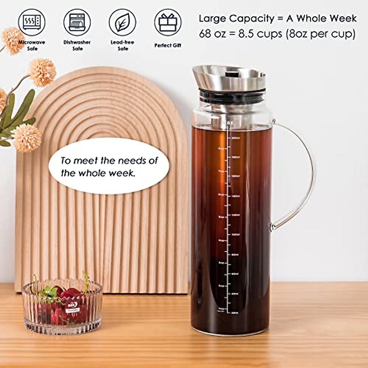 Aquach Cold Brew Coffee Iced Tea Maker & Fruit Pitcher - Large Capacity 68 Ounces - with Durable Glass Carafe / Fine Mesh Steel Infuser / Airtight Lid