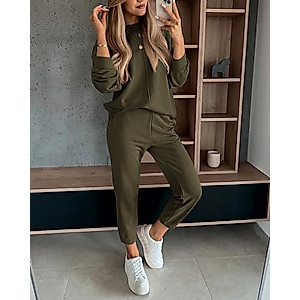BTFBM Women's Fall Winter Sweatsuits Long Sleeve Sweatshirt Jogger Pants Lounge Sets 2 Piece Tracksuit Outfits Pockets(Solid Army Green, Medium)