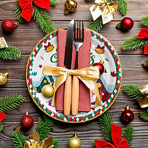 AFZMON 50 Pack Christmas Party Plates Dessert Paper Dinnerware Plates, 7 Inch Snowman Santa Gift Box Wooden Cottages Theme Disposable Round Plate for Xmas Holiday Party Supplies