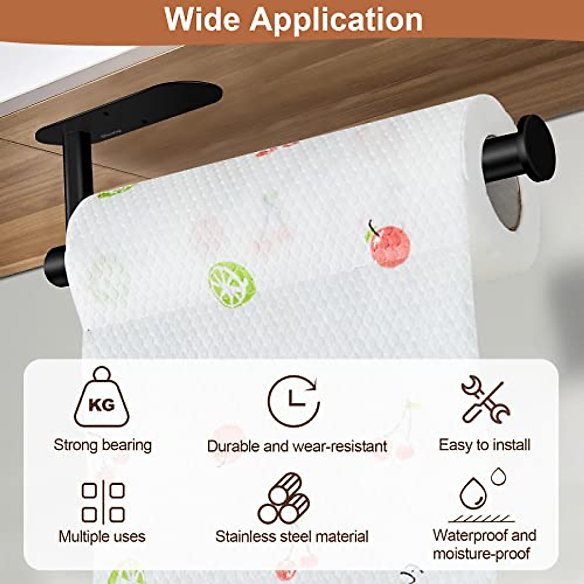 Paper Towel Holder Towel Rack,WACETOG Under Cabinet Paper Towel Holder Wall Mount 2 Pack Stainless Steel Paper Towel Rack for Kitchen Paper Towel Roll Holder (Black)