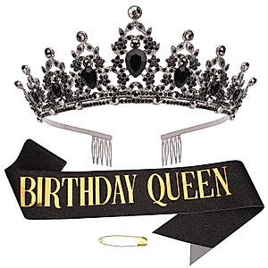 Birthday Queen Sash & Crystal Tiara Kit, Didder Rhinestones Crown Glitter Birthday Sash Birthday Crowns for Women Girls Birthday Tiaras for Women Hair Accessories for Prom Party Gift (Black)