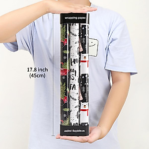 BULKYTREE Christmas Wrapping Paper with Cut Lines for Kids Boys Girls - 3 Mini Rolls Vintage Red Truck, Xmas Greetings Tree, Polar Bear in Black & White - Holiday Gift Wrap Bundle, 17.7 X 120 Inch Per