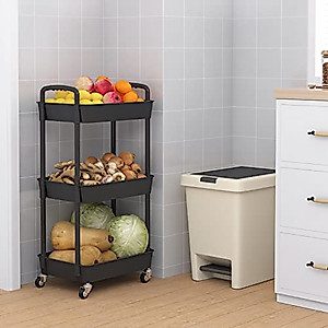JIUYOTREE 3-Tier Rolling Storage Cart Utility Cart with Lockable Wheels for Living Room Bathroom Kitchen Office Black