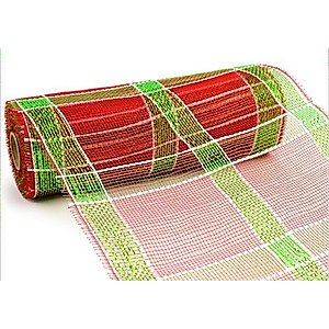 10 Inch x 10 Yards (30 feet) Deco Poly Mesh Ribbon - Red, White and Green Plaid : RE1313A7