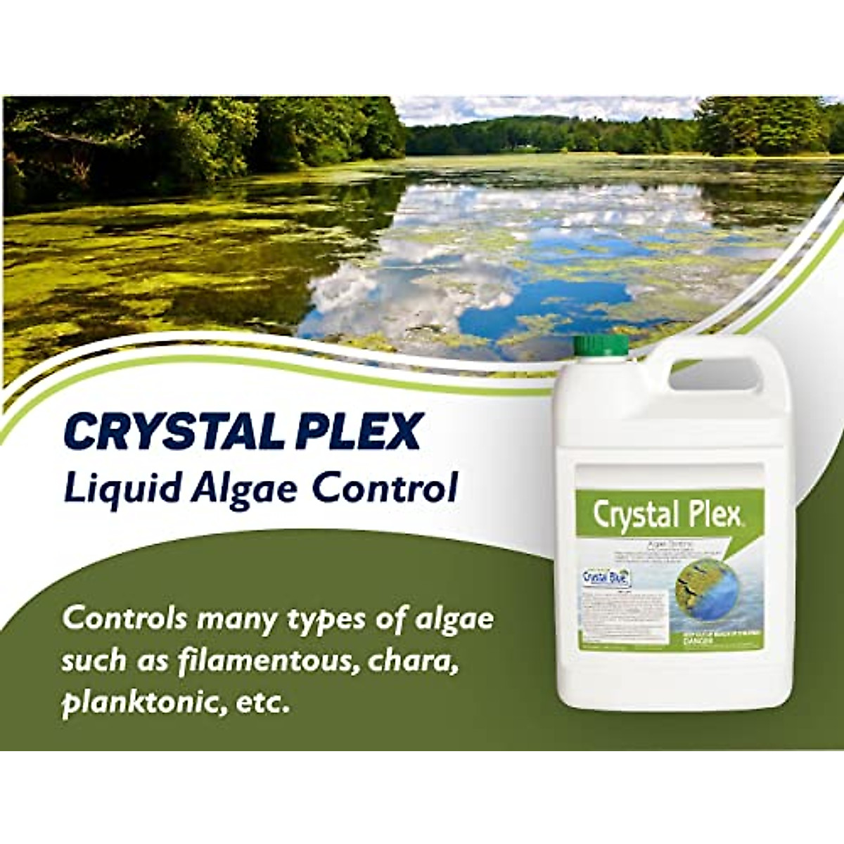 Crystal Plex - Lake and Pond Algaecide Treatment - Liquid Copper Algaecide Kills and Prevents Various Types of Algae (Planktonic, Filamentous, Chara) - 1 Gallon Treats up to 1 Acre