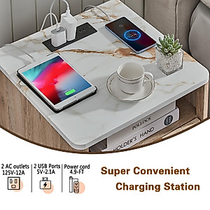 Nightstand with Charging Station, 18" Bedside Table with Faux Marble Top, 2 Drawers Night Stand Fluted Curved Wood End Table for Bedroom, Living Room, Modern Rustic Storage Cabinet, Natural Oak