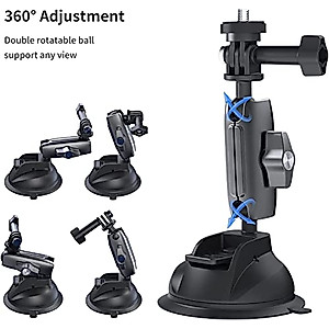 REYGEAK Suction Cup Car Mount with Phone Holder with 1/4 Thread, Windshield Dashboard Vehicle Attach for GoPro Max Mini Hero 11 10 9 8 7 6 Insta360 DJI Action AKASO Accessories(Aluminum Alloy)
