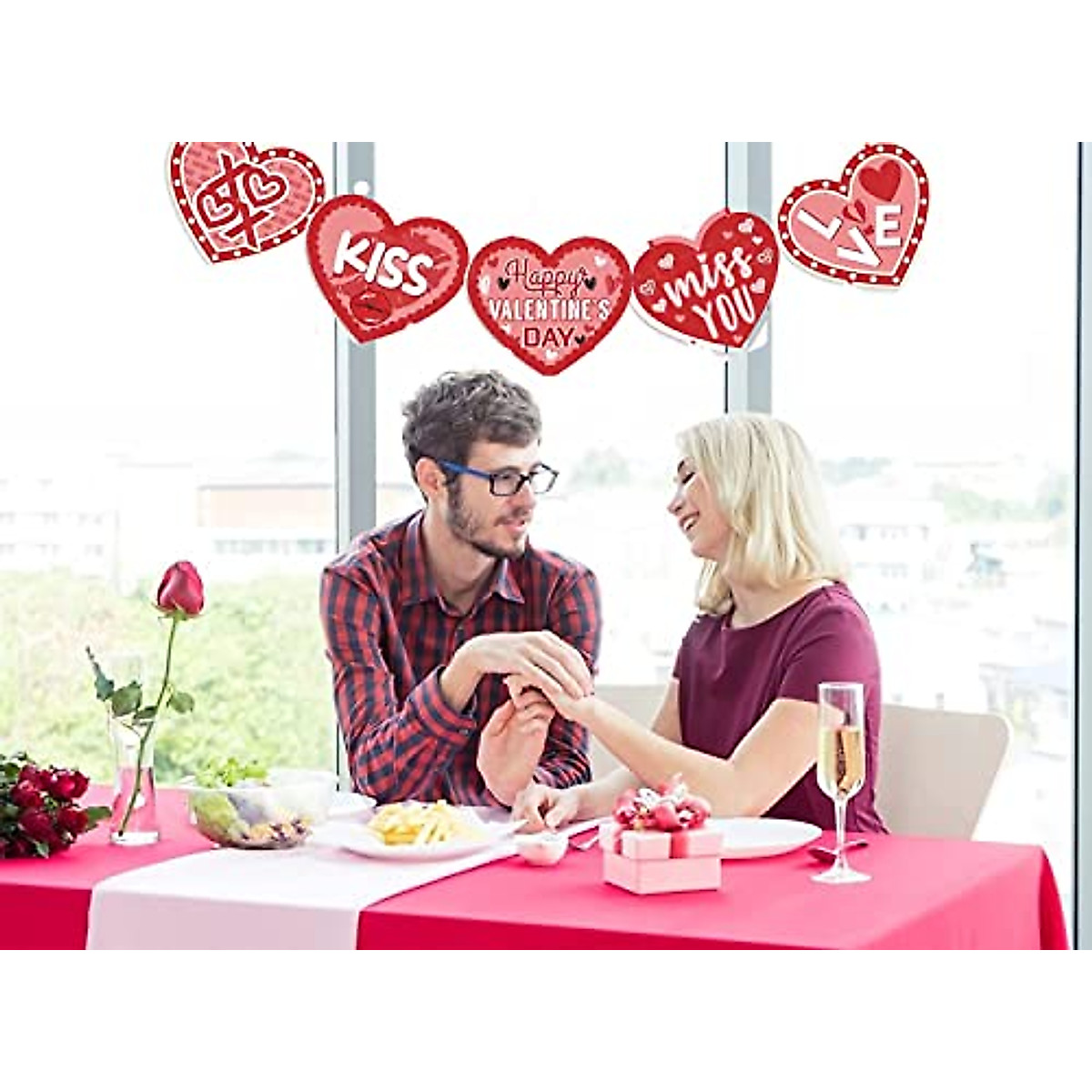 Valentines Decorations Heart Banners, Valentine Day Door Porch Signs Heart Love Hangings Wall Decor, Pink Red Romantic Conversation Party Supplies (Pink)