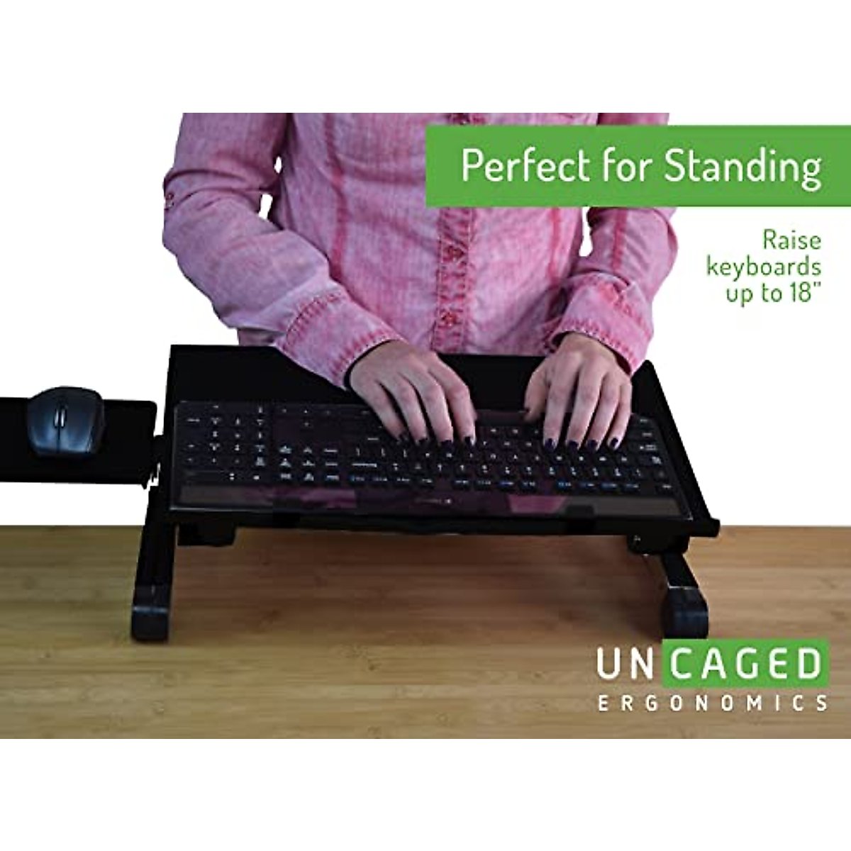 WorkEZ Keyboard and Mouse Tray ergonomic on-desk riser stand adjustable height angle negative tilt Raise computer keyboards to Standing Height sit stand-up standing accessories lift black