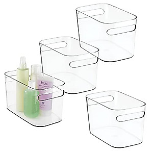 mDesign Deep Plastic Bathroom Bin with Handles - Storage Organizer for Vanity Countertop - Hold Soap, Body Wash, Shampoo, Lotion, Conditioner, Hand Towels - 10" Long, Aura Collection, 4 Pack, Clear