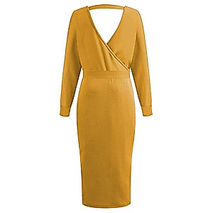 Fall Wedding Guest Dresses for Women Cream Dress for Women Knit Pullover Sweater Vestidos de Mujer sueltos Sexy Black Dress Long Sleeve Plus Size Dress for Women Sexy v-Neck Fashion XXL Maxi Dresses