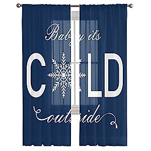 Semi Sheer Curtains 63 Inch Length 2 Panels Set, Christmas Sheer Kitchen Curtain Rod Pocket Drapes for Living Room Bedroom Privacy Voile Window Treatment Cold Winter Snowflakes Blue Backdrop