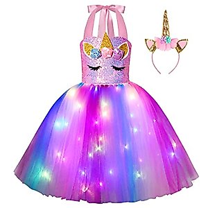 KAKALVER Unicorn Dress for Girls - LED Light Up Costume for Dress Up, Halloween, Birthday Party Decoration - Unicorn Gifts