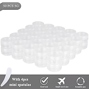 50PCS 5 Gram Sample Containers, 5ml Empty Jars with Lids, Small Cosmetic Containers, Mini Sample Jars with 4PCS Mini Spatulas for Make Up, Oils, Lotion, Powder, Paint, Jewelry, Lip Balms(Clear Lid)