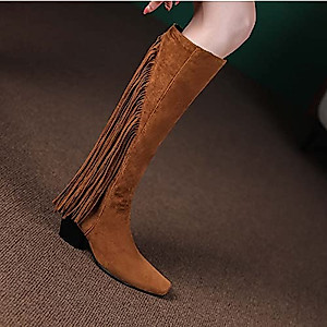Ladies Simple Fashion Square Heel Square Toe Solid Color Back Fringe Retro Mid High Boots Furry Snow Boots