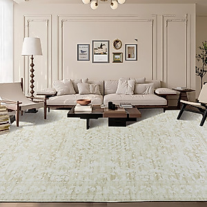 HOMBYS 10x14 Neutral Floral Area Rug for Living Room Bedroom, Large Boho Floor Carpet with Non-Slip Backing for Indoor, Traditional Home Deco Non-Shedding, Khaki, Machine Washable