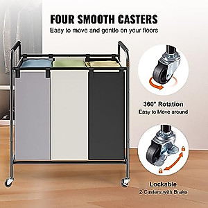 VEVOR 3-Sections Laundry Basket, Heavy Duty Laundry Hamper Storage Organizer, Laundry Sorter Cart with Heavy Duty Lockable Wheels for Dirty Clothes in Laundry Room Bedroom
