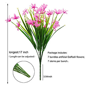 Guagb 7 Bundles Outdoor Artificial Daffodils Flowers UV Resistant Faux Shrubs Fake Plastic Plants for Hanging Planter Window Garden Porch Farmhouse Decor (Pink)