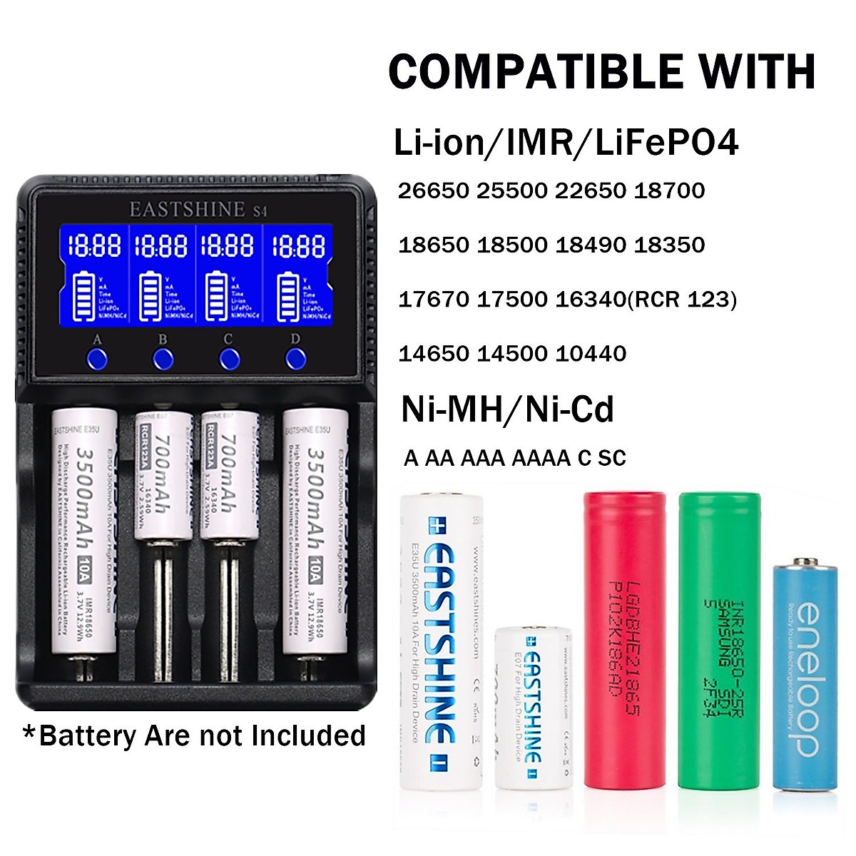 Universal Smart Battery Charger 4 Bay for Rechargeable Batteries NiMH NiCd AA AAA C Li-ion LiFePO4 IMR 18650 21700 20700 26650 14500 16340 18500 10440 18350 RCR123a LCD Display UL Listed