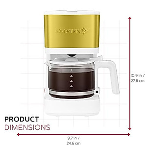 Holstein Housewares 5-Cup Coffee Maker - Pause N Serve, One-Touch Operation, Non-Stick Warming Plate, Water Level Indicator - Reusable Filter - Compact Design - White and Gold Color