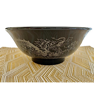 Japanese Black Glaze Silver Dragon 8.35 Inches Diameter Ramen Soup Ramen Noodle or Serving Bowl with Chopsticks