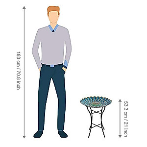 Peaktop Handpainted Mosaic Fusion Glass Solar Birdbath Bowl Feeder with LED Light for Outdoor Patio Garden Backyard Decking, 21 Inch Height, Blue