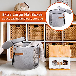 Ohiyoo Large Hat Boxes for Wide Brim, Large Hat Storage Box 19" D x 17" H, Hat Boxes for Women Storage Large Round Men Hat Box, Foldable Felt Stuffed Animal Toy Storage Bin with Lid (Light Gray)