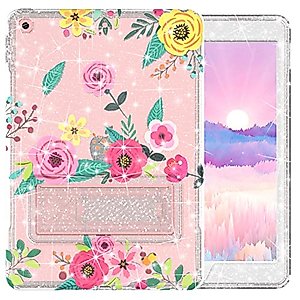 Rantice iPad 9th Generation Case, iPad 8th Generation Case, iPad 7th Generation Case, iPad Case for Women Girl Kids, Slim Shockproof Glitter Flower Clear Transparent iPad 10.2 Case with Kickstand