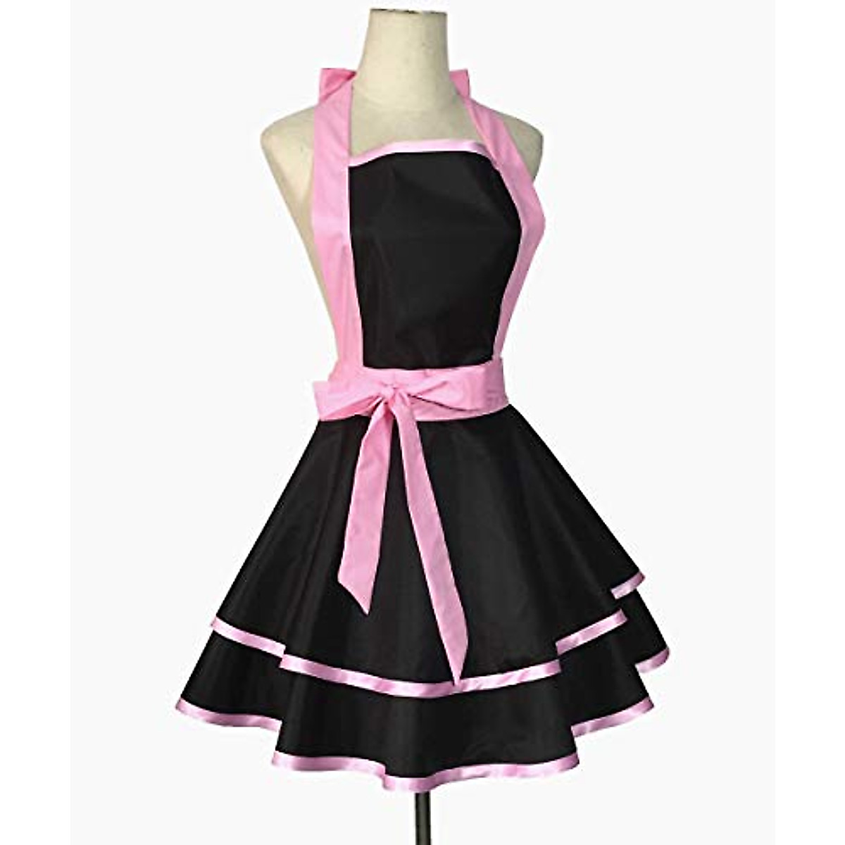 Hyzrz Lovely Handmade Cotton Retro Black Aprons for Women Girls Cake Kitchen Cook Apron for Mother's Gift (Pink)