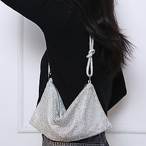 Rhinestone Clutch Purse for Women Sparkly Crystal Evening Handbag Bling Hobo Bag Glitter Shiny Silver Purse for Party, Club, Wedding