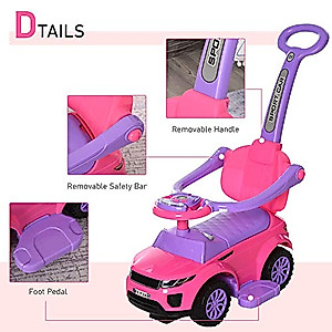 Aosom 3 in 1 Push Cars for Toddlers Kid Ride on Push Car Stroller Sliding Walking Car with Horn Music Light Function Secure Bar Ride on Toy for Boy Girl 1-3 Years Old Pink