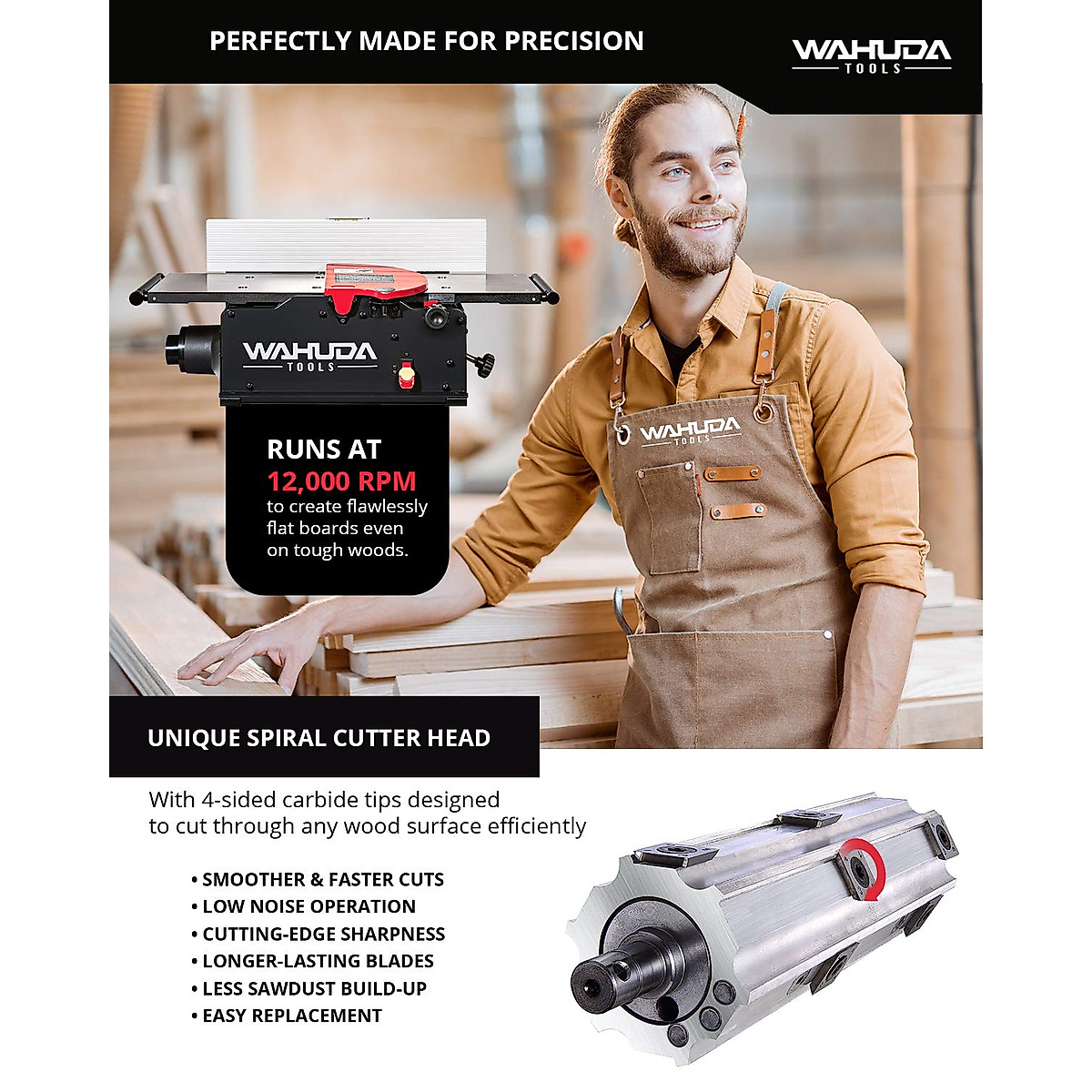 Wahuda Tools Jointer - 10-inch Benchtop Wood Jointer, Spiral Cutterhead Portable Jointer, Cast Iron Tables w/Pull Out Extensions, 4-Sided Carbide Tips & 12amp Motor, Woodworking Tools (50110CC-WHD)