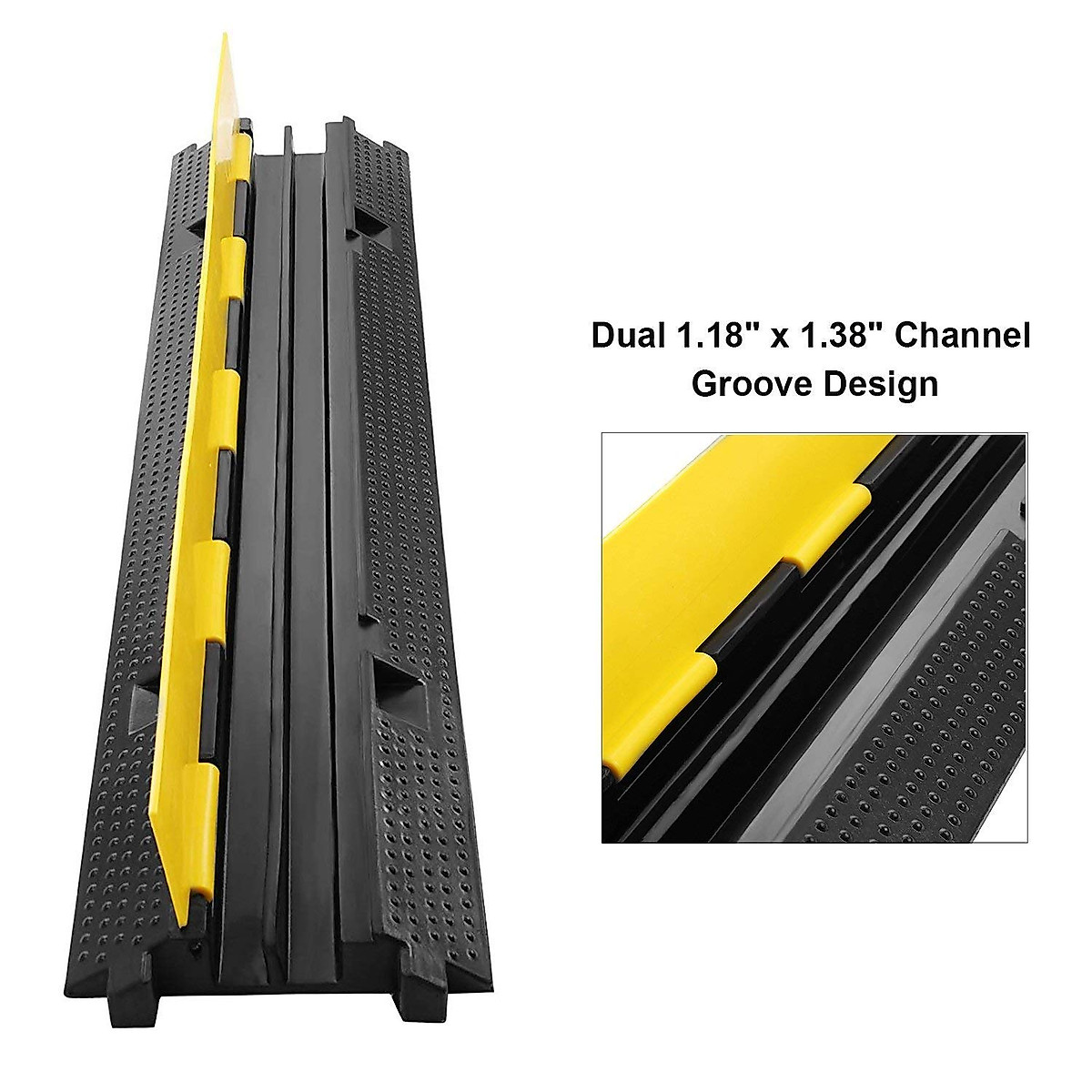 Reliancer 3 Pack Dual Channel Rubber Cable Protector Ramp 2 Channel Traffic Speed Bump 11000lbs Capacity Heavy Duty Driveway Hose Cover Ramp Cord Track Protector Wires Concealer w/Flip-Open Top Cover