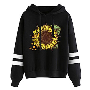 Womens Crewneck Hooded Sweatshirt Sunflower Print Hoodies Winter Patchwork Pullover Long Sleeve Tunics Tops Blouse