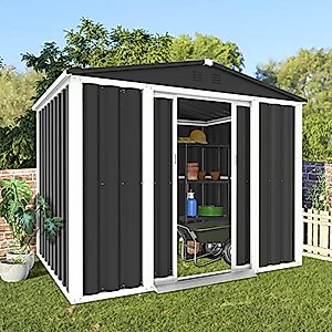 Betterland 4X6 FT Outdoor Storage Shed, Steel Garden Shed with Sliding Door, Metal Tool Storage Shed for Backyard, Lawn, Grey