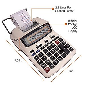 Victor Printing Calculator, 1208-2 Compact and Reliable Adding Machine with 12 Digit LCD Display, Battery or AC Powered, Includes Adapter,White