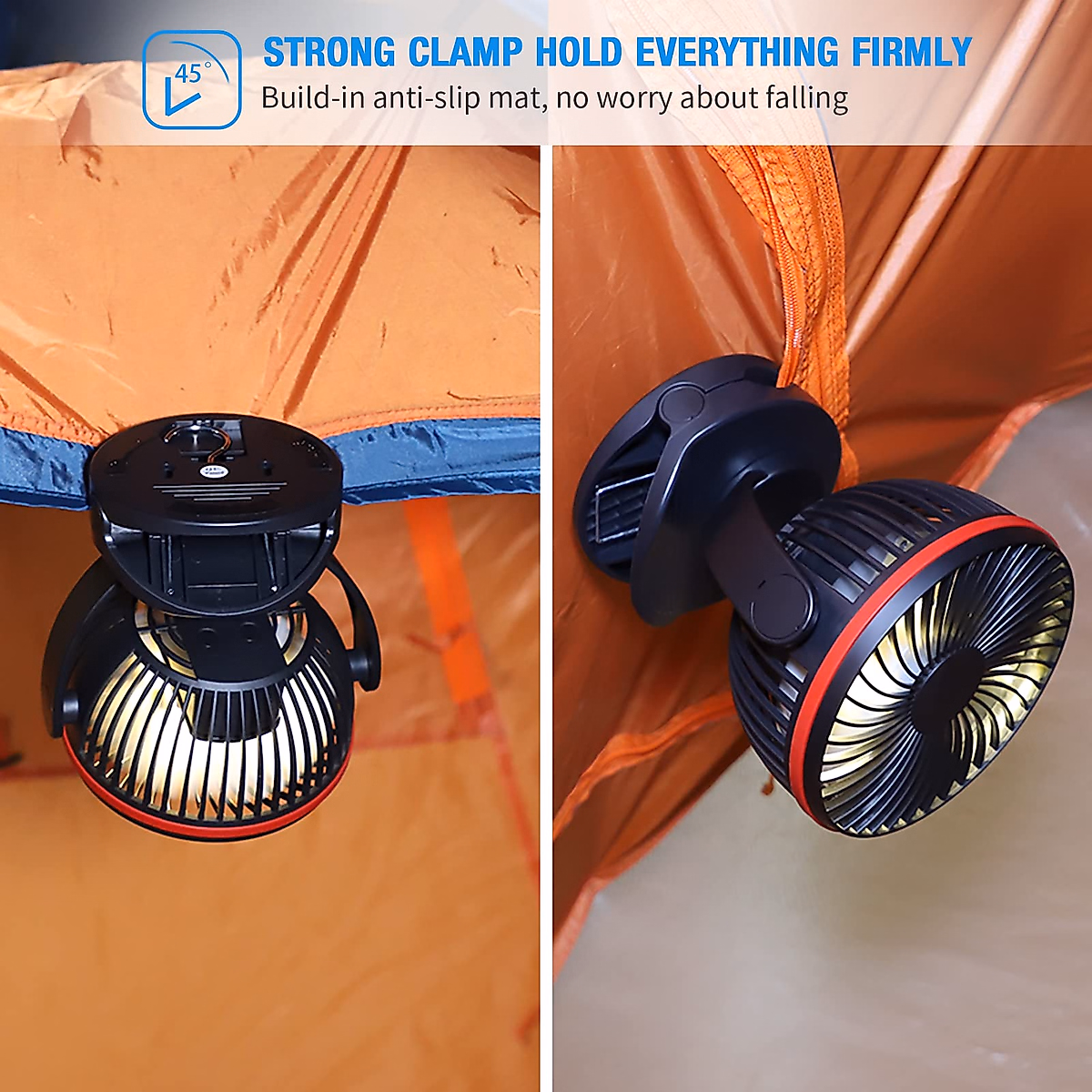 Battery Operated Camping Fan with Light, 5000mah Portable Clip On Fan, Personal Office Desk Fan For Travel Tent, Treadmill, 4 Speed, 35H, Hanging Hook, for Hurricane Emergency