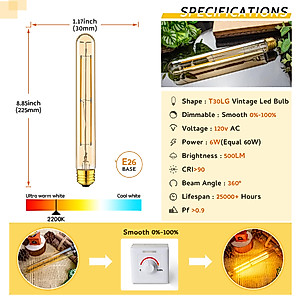 Sphoon 6W Dimmable T10 8.9inch Amber LED Bulb E26 Light Bulb Equal 60 watt 225 Long Led Light Bulb AC120V 2200K Edison 500LM for Rustic Pendant,Industrial Pipe,Wall sconces,Vanity 2Pack