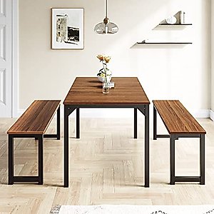 IMUsee 45" Dining Table Set for 4, 3-Pieces Kitchen & Dining Room Sets with Benches, Metal Frame and Wood Board, Sturdy Structure, Easy Assembly, Small Space Dinette, Walnut & Black