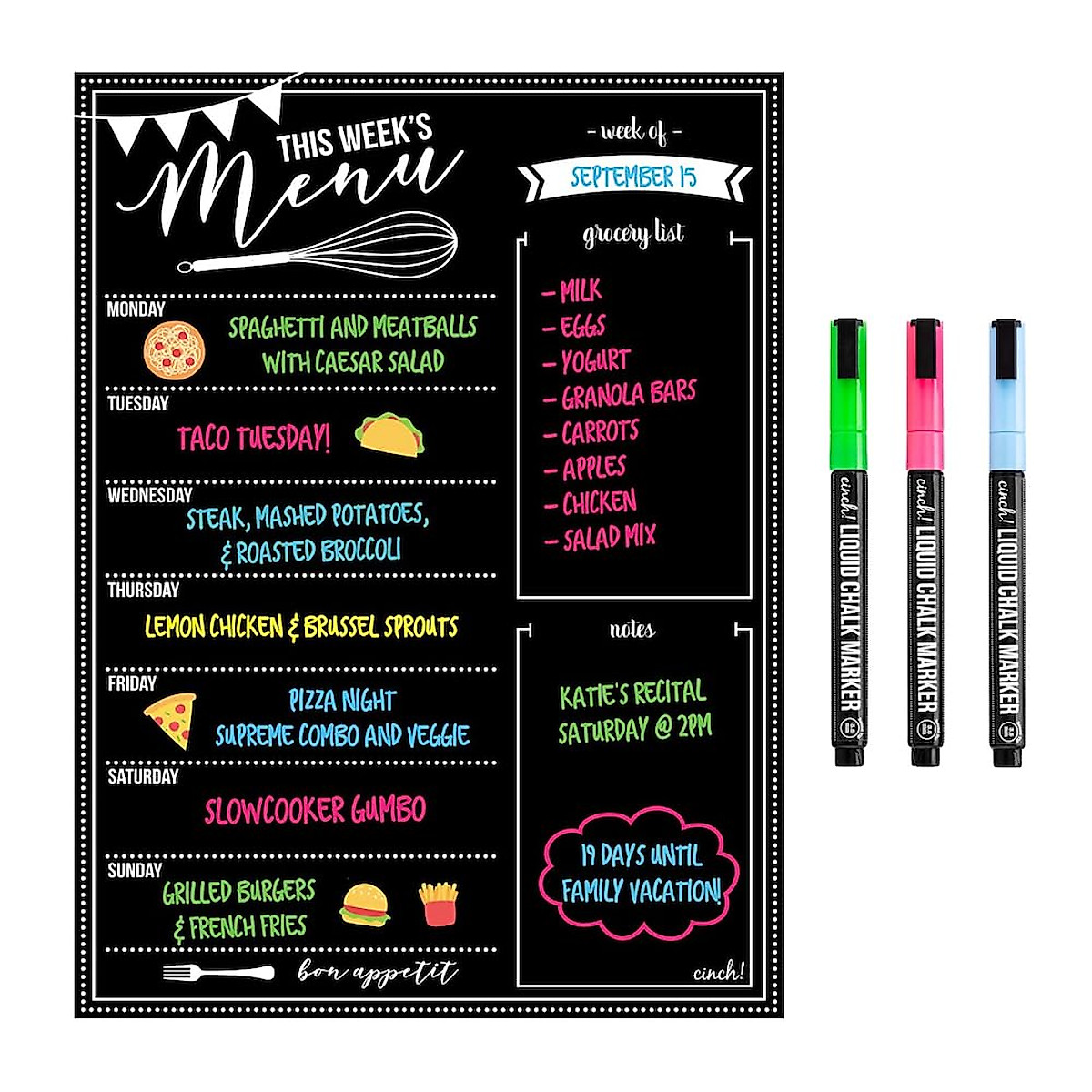 Magnetic Dry Erase Menu Board for Fridge with 3 Bright Neon Chalk Markers - 16x12" - Weekly Meal Planner Blackboard and Grocery List Notepad for Kitchen Refrigerator - Whiteboard Chalkboard Magnet