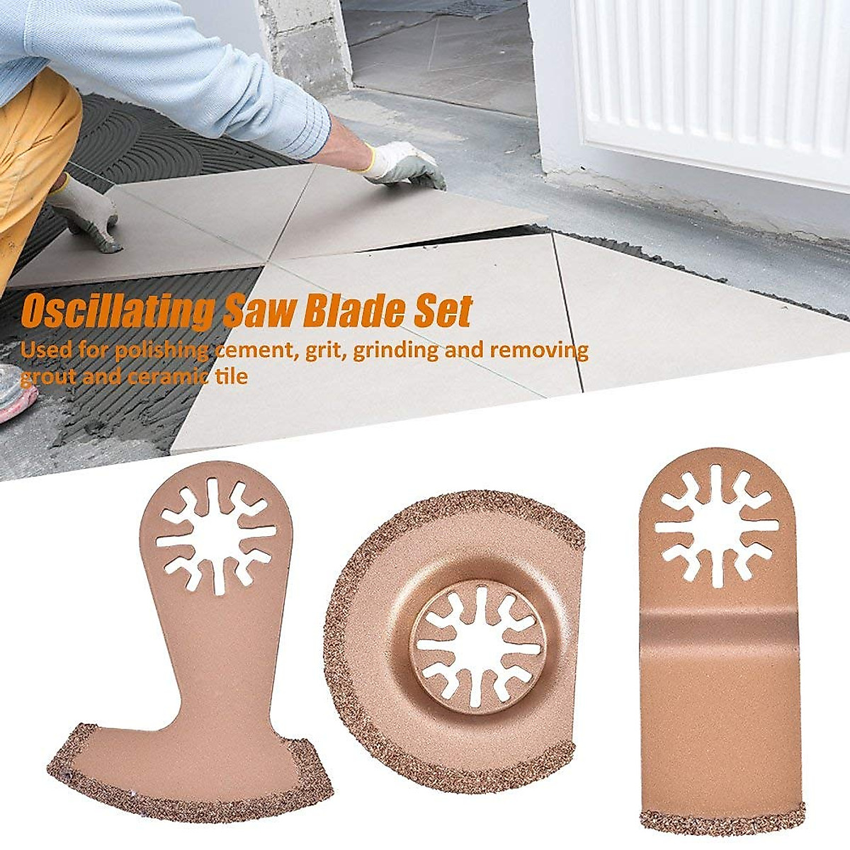 3Pcs Oscillating Tool Blade Universal Oscillating Multitool Saw Blades Quick Release Power Accessories E Shaped/Curved/Semicircle Saw Blade for Flooring Tile Grout Mortar Concrete