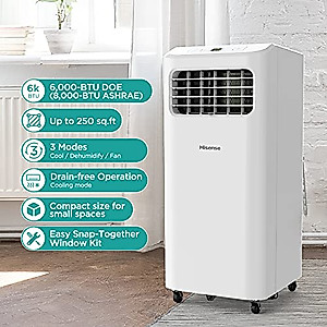 Hisense Portable Air Conditioner 6,000 BTU Cooling Dehumidifier Fan for Smaller Room up to 250 sq ft, Remote Control, White