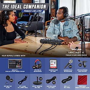Tascam Mixcast 4 S Podcast Studio Mixer Station with Built-in Recorder/USB Audio Interface, 8 Sound-effect, Records 14 Tracks, comes w/ Deluxe 4S Accessories Bundle
