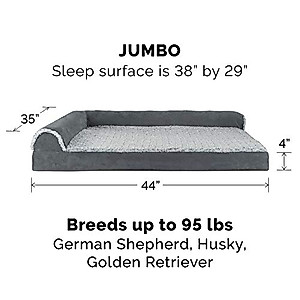 Furhaven Pet Dog Bed - Deluxe Orthopedic Two-Tone Plush Faux Fur and Suede L Shaped Chaise Lounge Sofa-Style Living Room Corner Couch Pet Bed with Removable Cover for Dogs and Cats, Stone Gray, Jumbo
