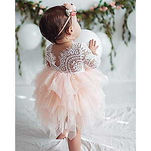 2Bunnies Girl Peony Lace Back A-Line Tiered Tutu Tulle Flower Girl Dress (Pink 3/4 Sleeve Short, 12Months)