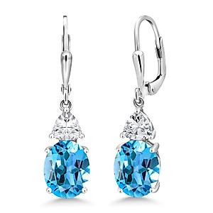 Gem Stone King 925 Sterling Silver Swiss Blue Topaz Dangle Earrings For Women | 5.40 Cttw | Gemstone November Birthstone | Oval 10X8MM | Trillion 5MM