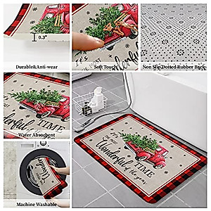 Quote Words 2PC Memory Foam Kitchen Mats Rectangle Water Absorbent Kitchen Rugs, Anti-Wear & Anti-Skid Floor Mat for Sink, Hallway 18x30in+18x48in Rustic Truck Christmas Tree Red Plaid