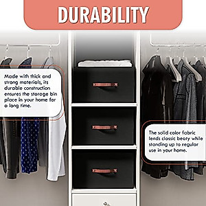 Ornavo Home Foldable Collapsible XLarge Storage Box Bins Linen Fabric Shelf Basket Cube Organizer with Leather Handles and Lid - Set of 3 - 16.5 x 11.8 x 7.5 - Black