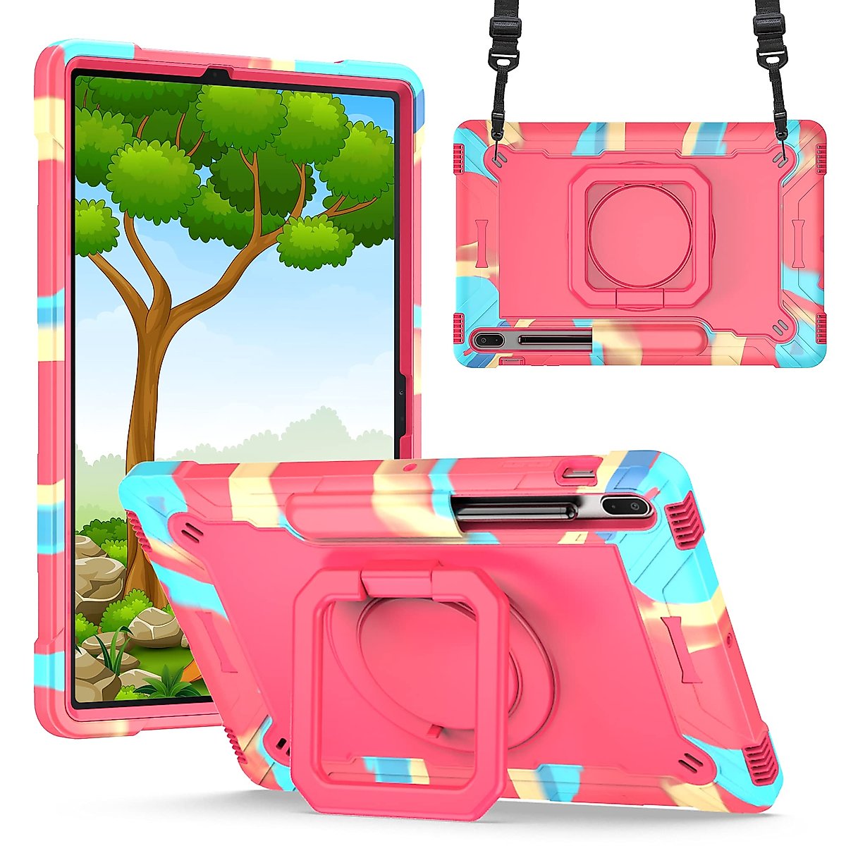 Galaxy Tab S8 Plus Case/Galaxy Tab S7 FE 5G Case Kids/Tab S7 Plus Case 12.4" SM-T738, Dteck Shockproof Case with 360°Swivel Kickstand Case for Samsung Galaxy Tab S8+/Tab S7 FE/Tab S7+, Rainbow & Rose